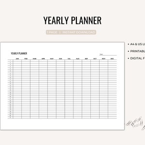Yearly Planner Printable, Editable PDF Template, Year at a Glance ...