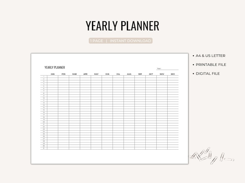 Yearly Planner Printable, Editable PDF Template, Year at a Glance ...