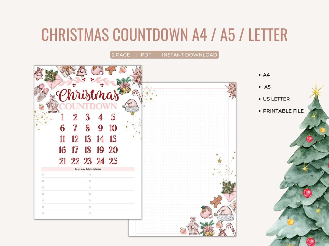 Christmas Countdown Advent Printable for Planners and Notebooks, Dotted ...