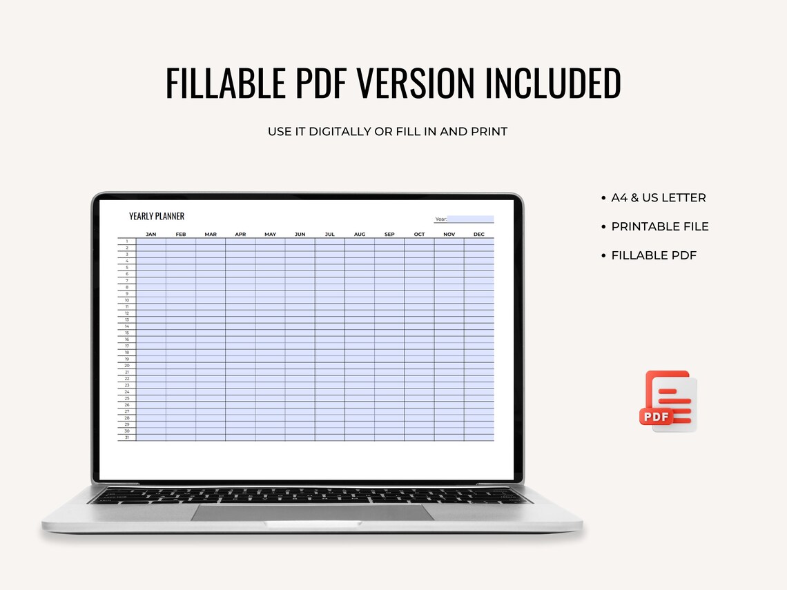 Yearly Planner Printable, Editable PDF Template, Year at a Glance ...