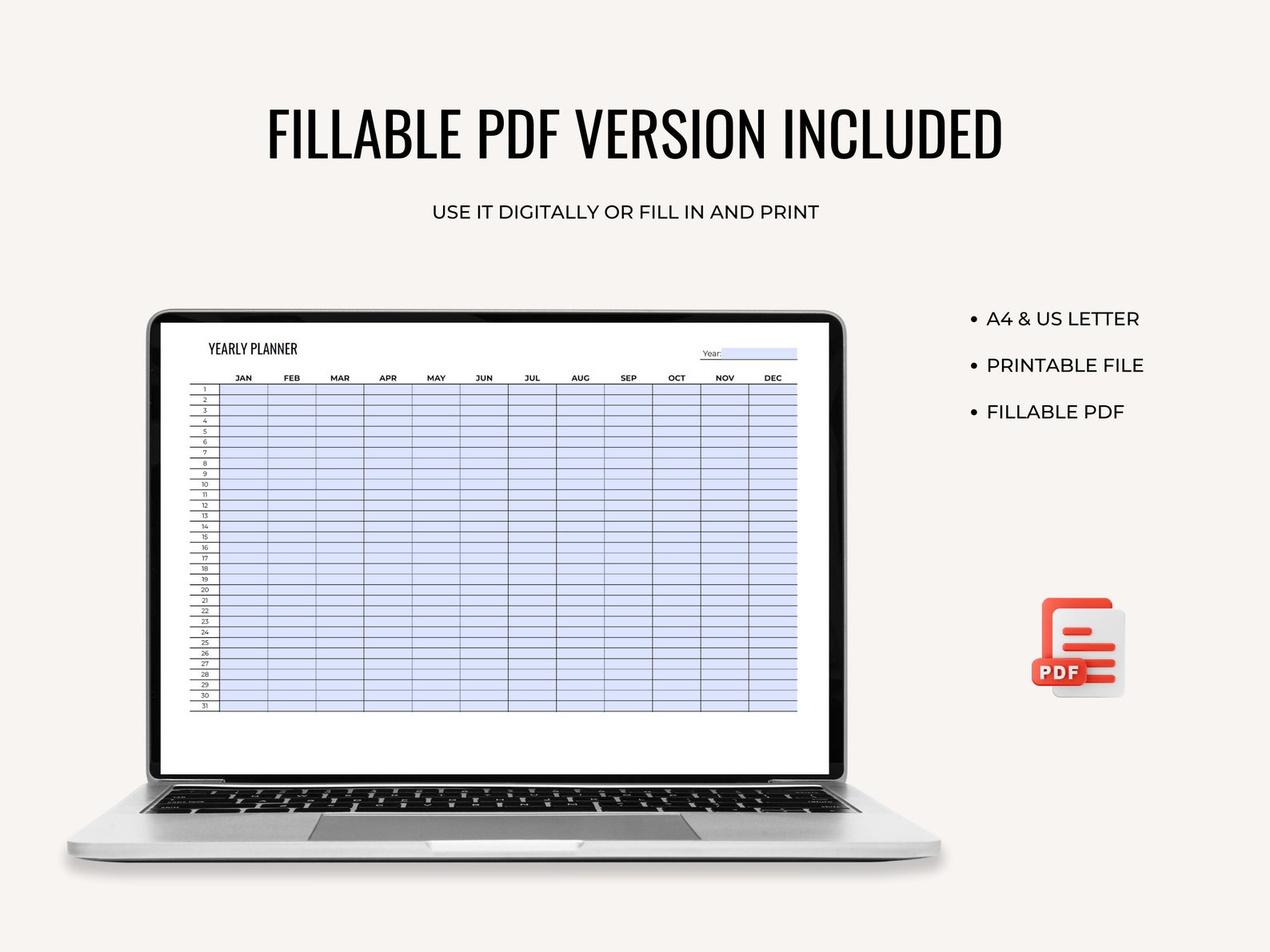 Yearly Planner Printable, Editable PDF Template, Year at a Glance ...
