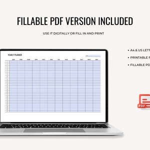 Yearly Planner Printable, Editable PDF Template, Year at a Glance ...