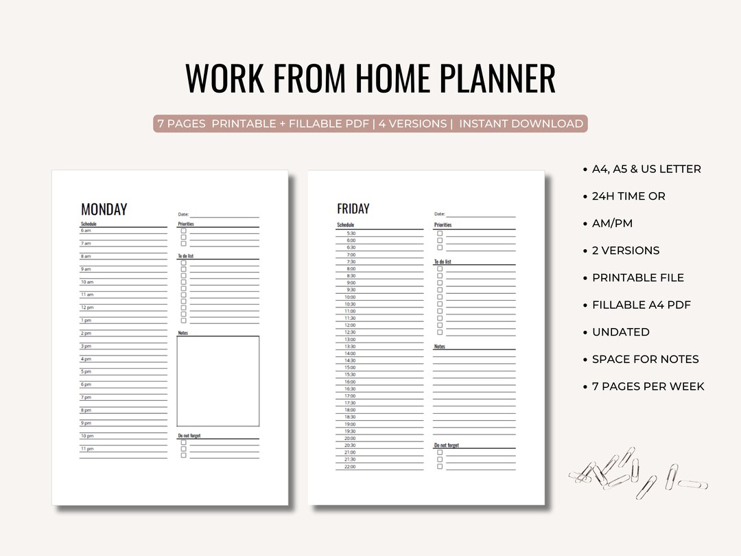 Work From Home Daily Planner, A4, A5, Usletter, 24h / Am/pm, 2 Versions ...