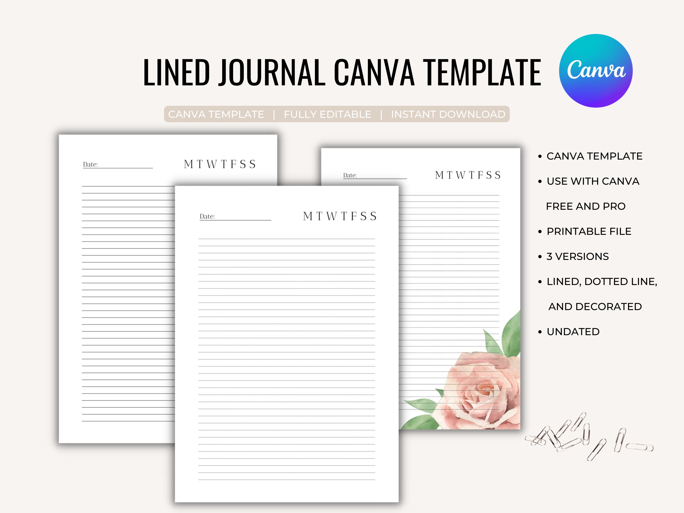 Lined Journal Canva Template Fully Editable, Incl Dotted Line, and Pink ...
