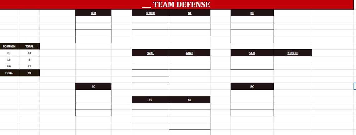 Blank Youth High School Football Depth Chart Offense Defense Special Teams Excel Google Sheets ...