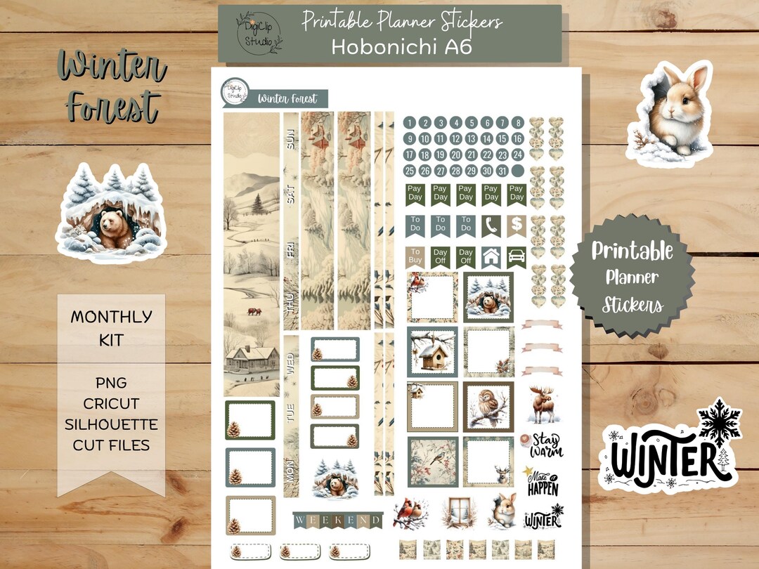 Winter Forest Hobonichi Stickers A6 Monthly Sticker Kit, Printable ...