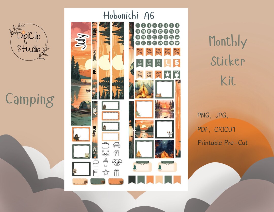 Camping Hobonichi A6 Stickers, Monthly, July Printable Planner Stickers ...