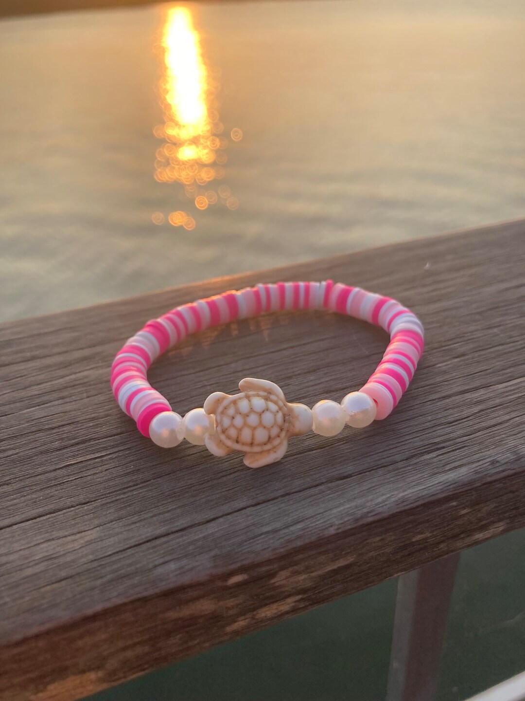 Pink Clay Bracelet With Turtle Charm - Etsy