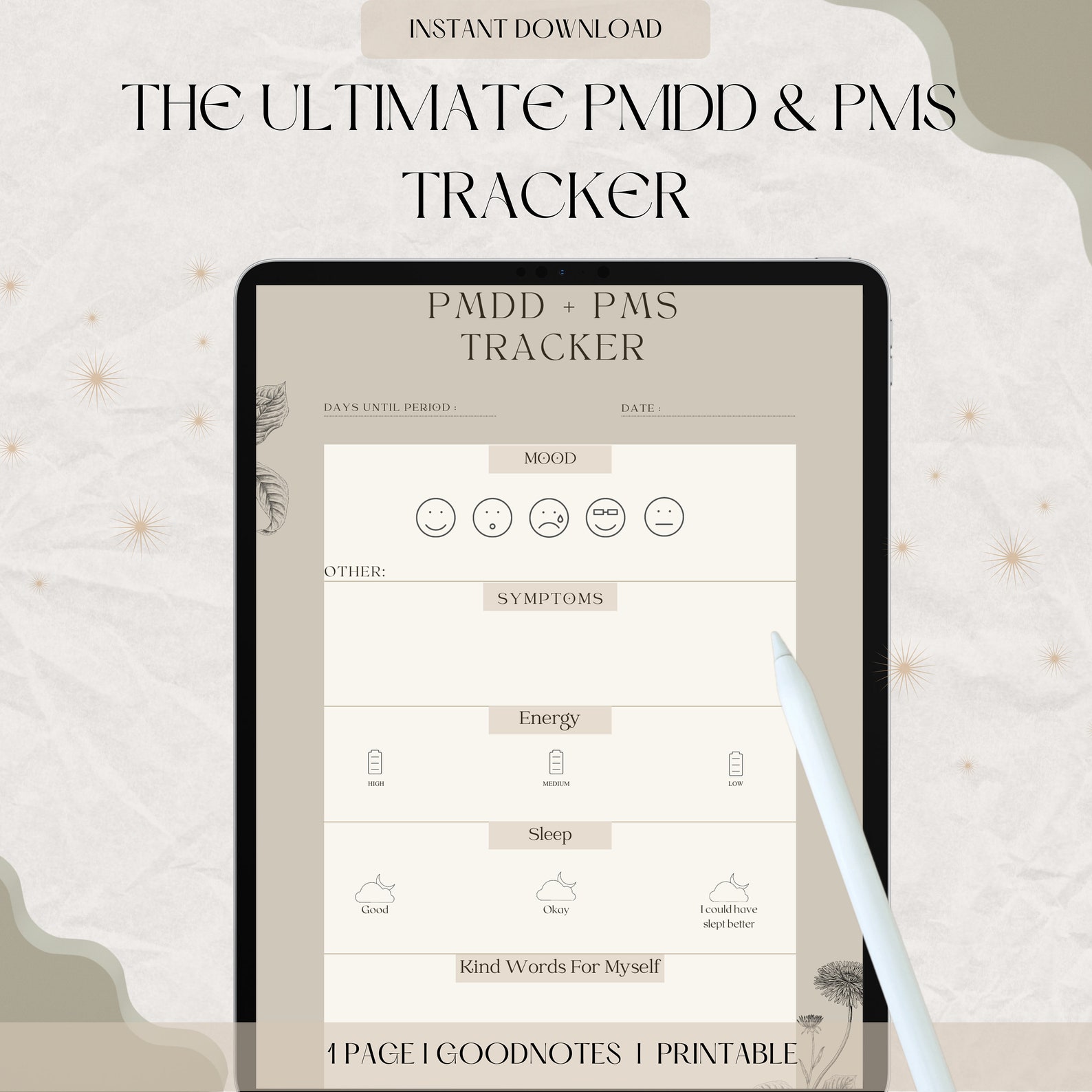 PMDD Tracker, PMS Tracker, Digital Premenstrual Chart Tracker, Energy ...