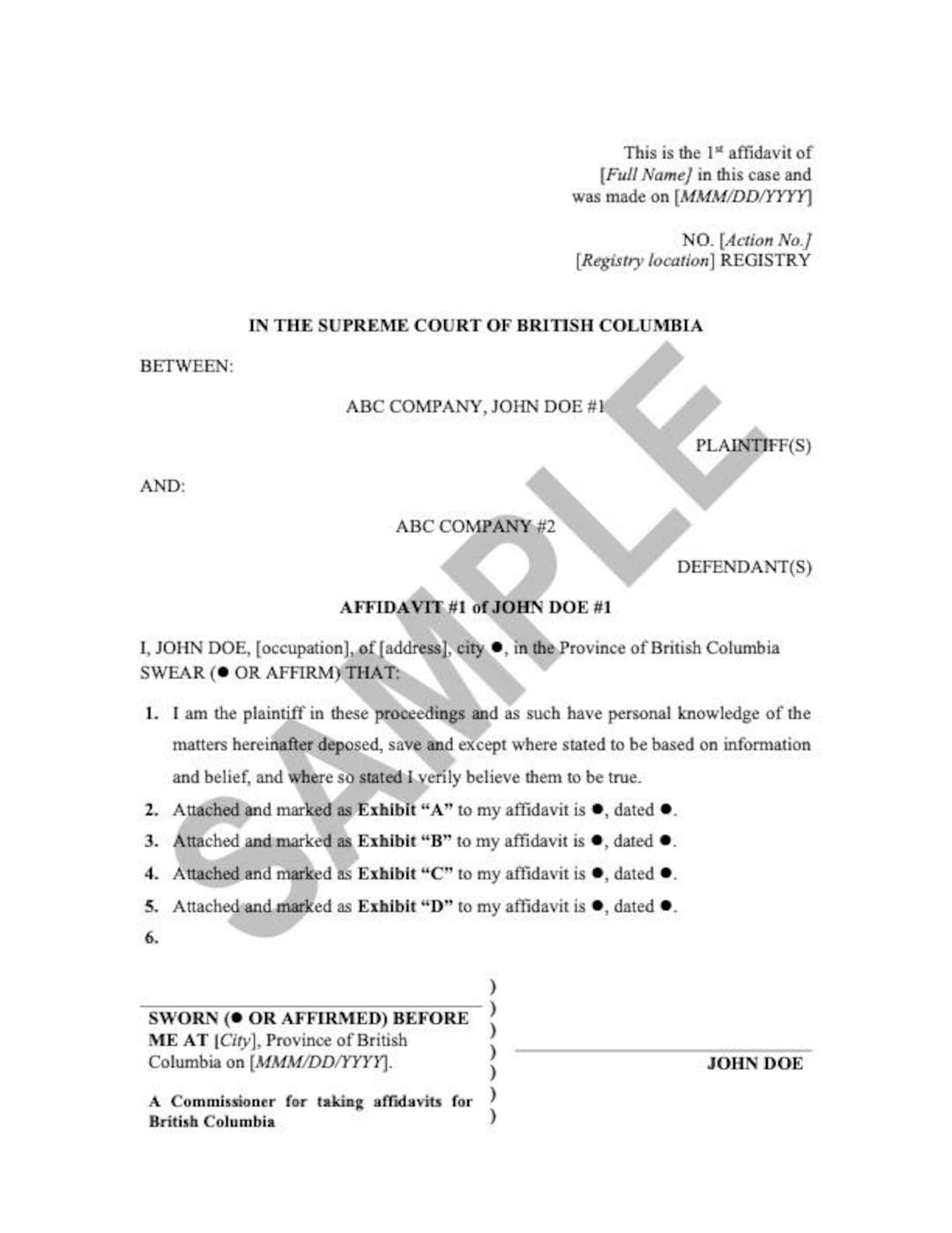 BC Supreme Court Affidavit Template, Form 109 (editable Word) - Etsy UK