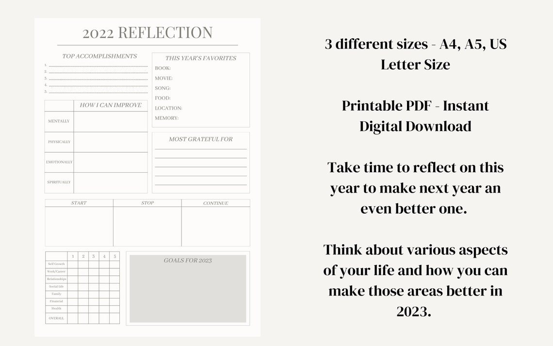2022 Reflection Template, Instant Download Yearly Review, Goal Planner ...