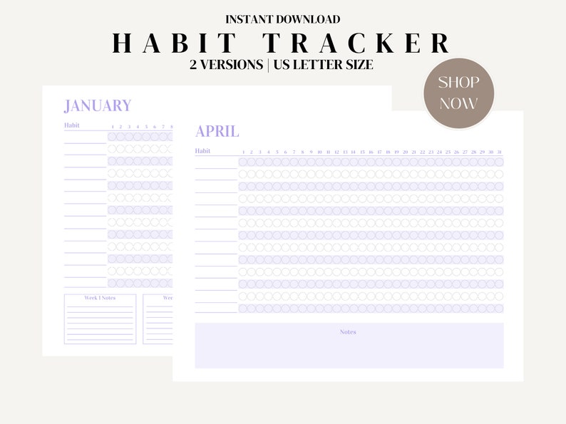 Lavendar Monthly Habit Tracker Printable, Landscape Letter Instant ...