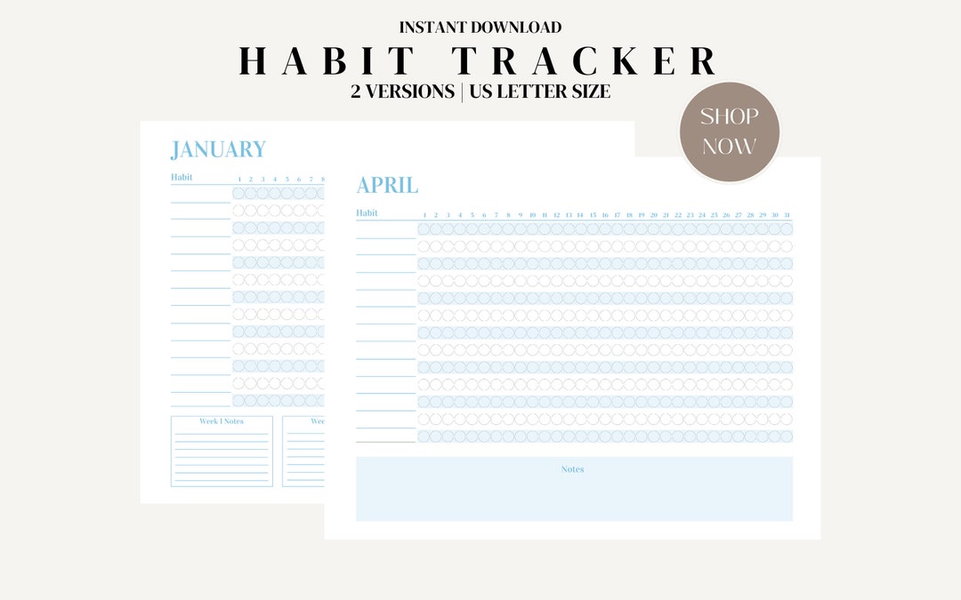 Sky Blue Monthly Habit Tracker Printable, Landscape Letter Instant ...