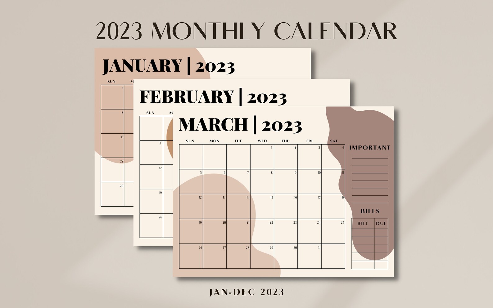 2023 Aesthetic Boho Printable Calendar Monthly, Month at a Glance Desk ...