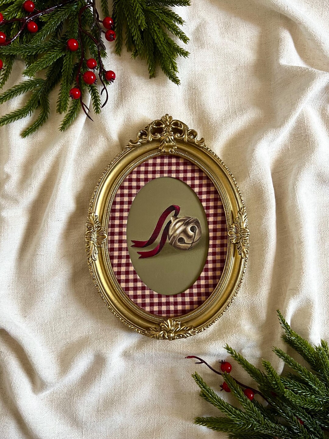 Original Christmas Oil Painting, Jingle Bell, Gold Vintage Frame - Etsy
