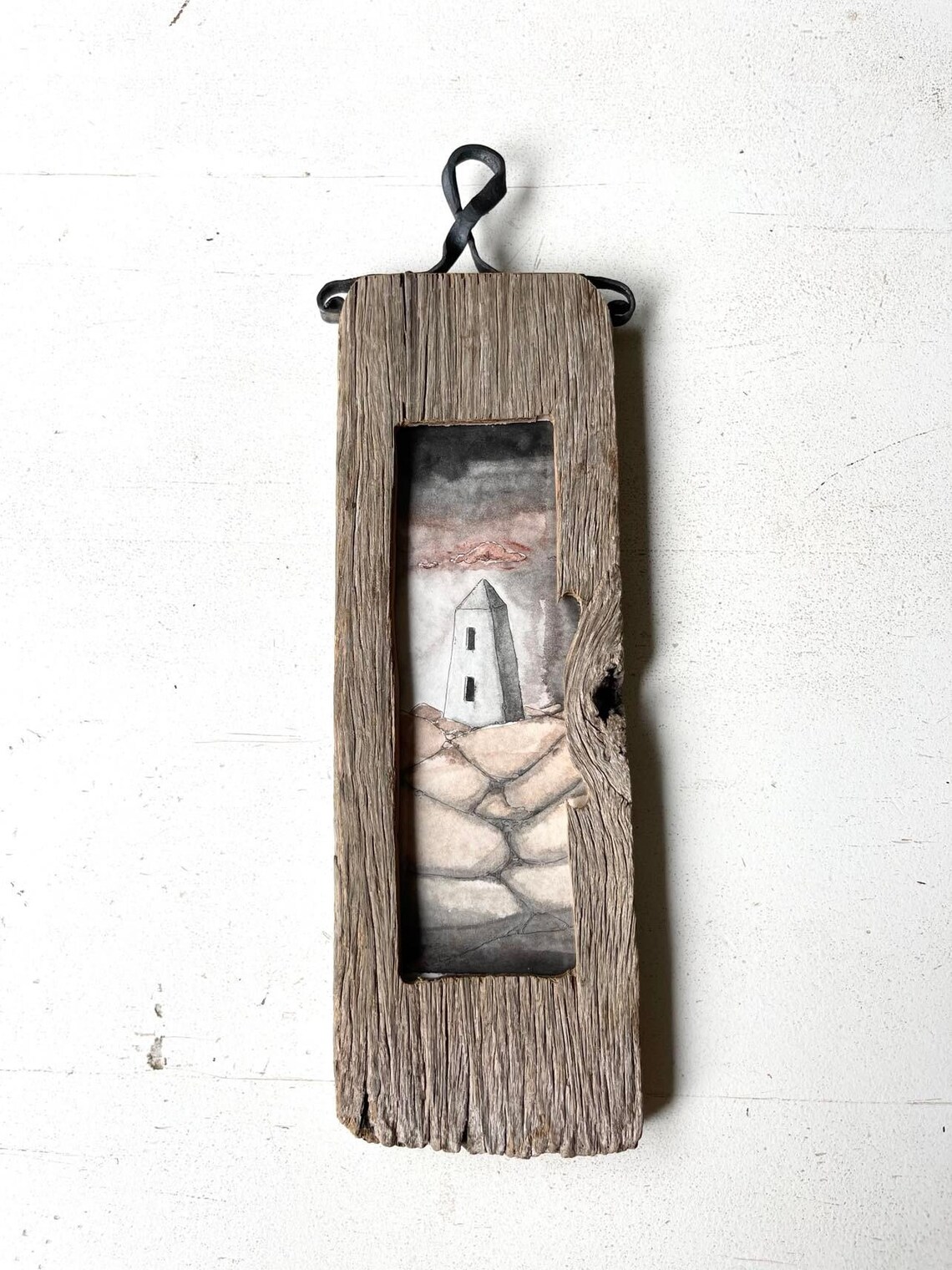 Watercolour Art Crumbling Tower With Rustic Timber Frame and Forged ...