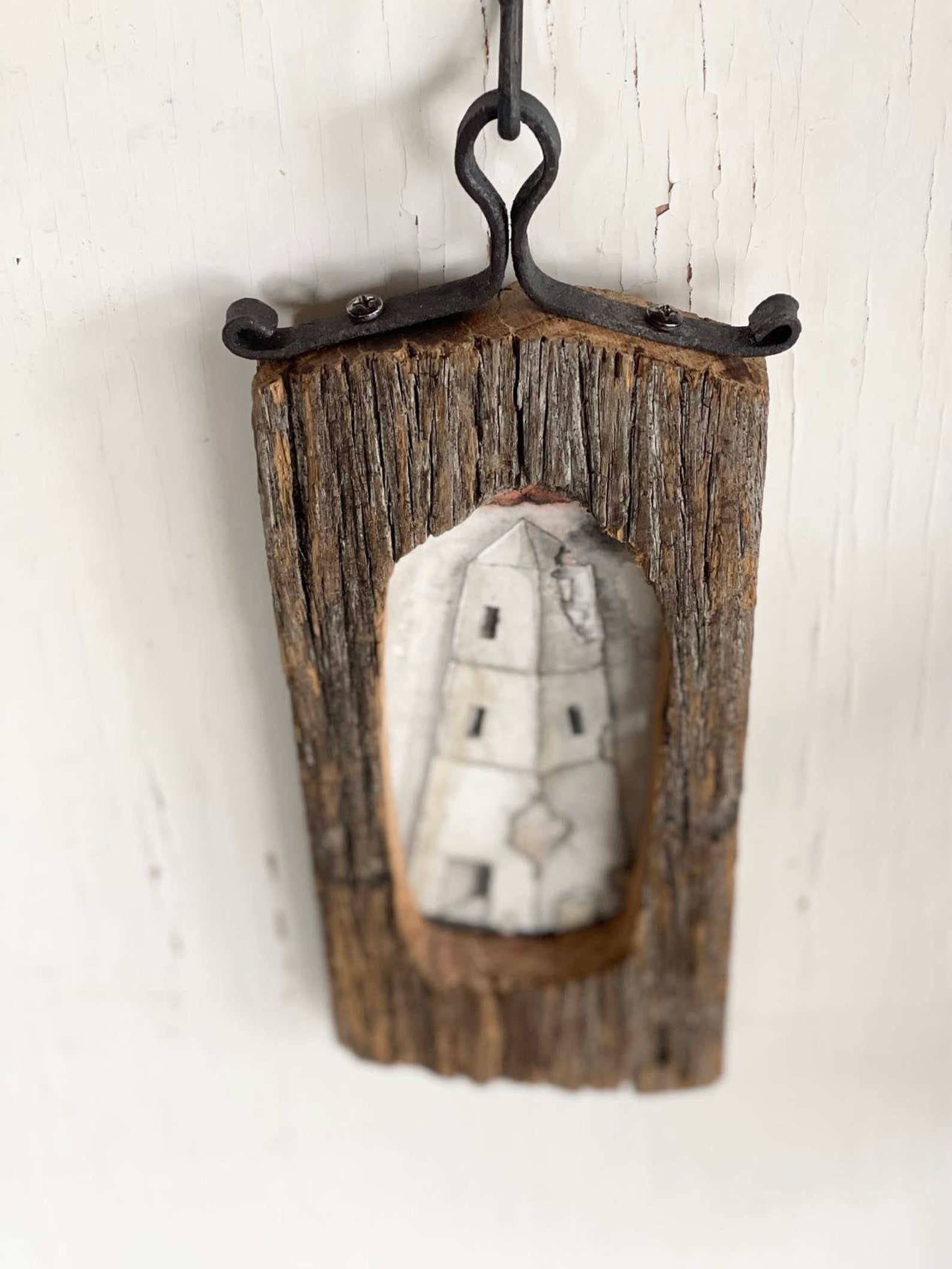 Watercolour Art Crumbling Tower With Rustic Timber Frame and Forged ...