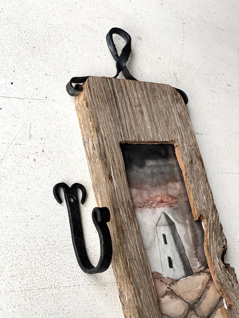 Watercolour Art Crumbling Tower With Rustic Timber Frame and Forged ...