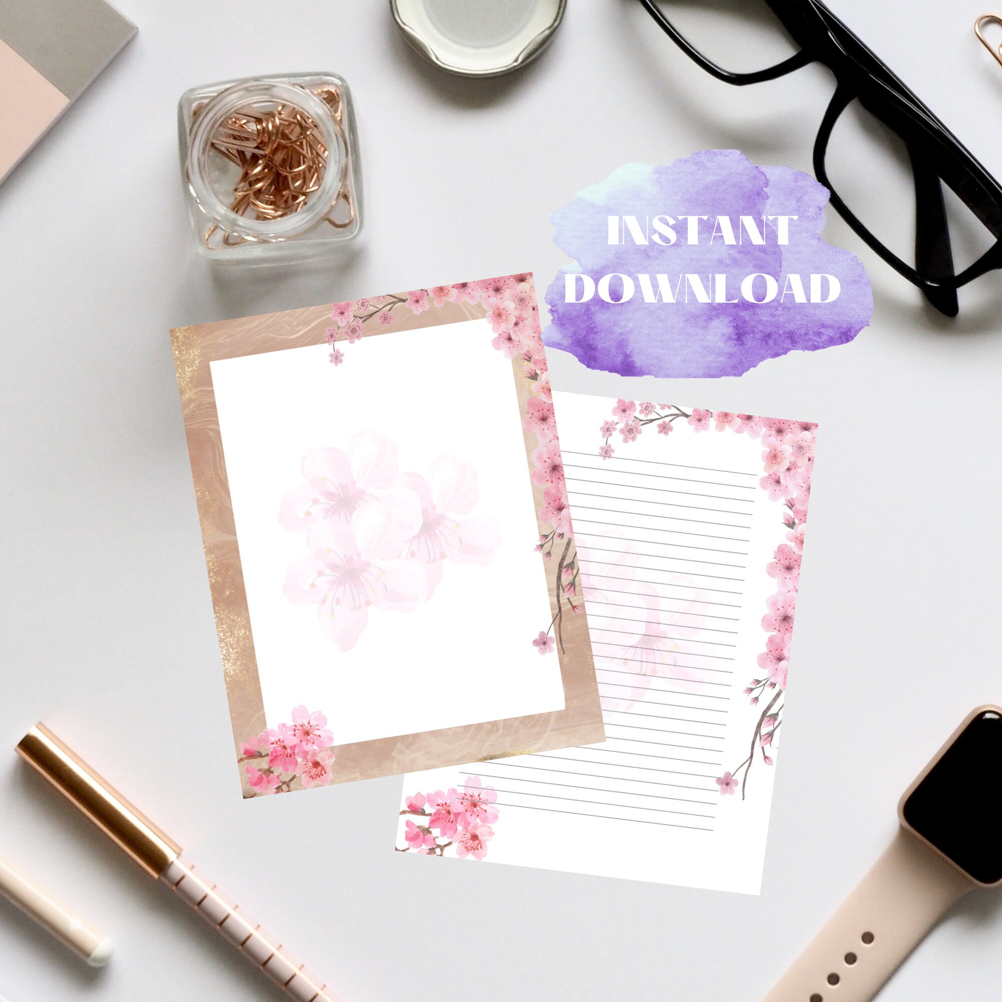 Cherry Blossom Stationery Printable, Pack of 12, Stationery Digital ...