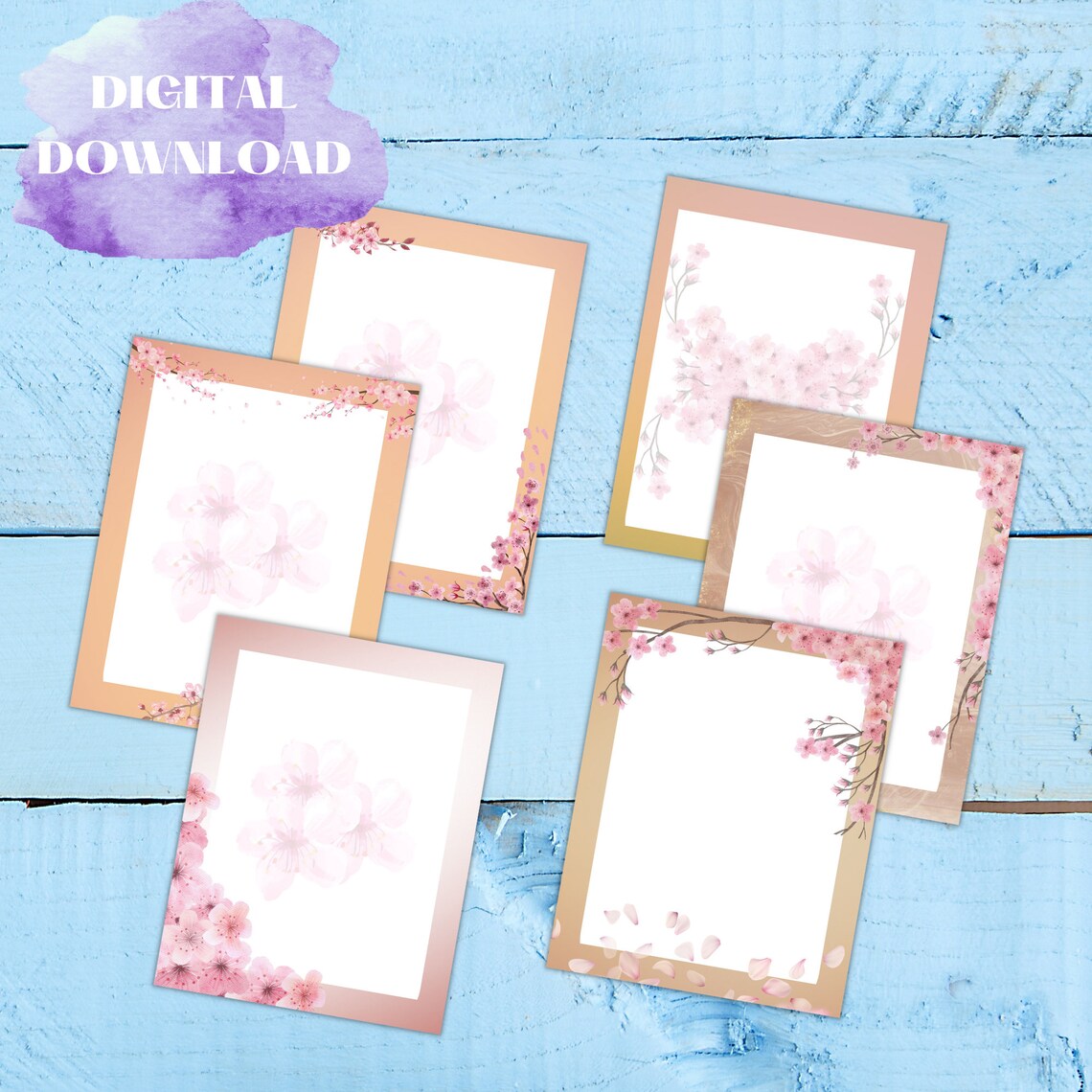 Cherry Blossom Stationery Printable, Pack of 12, Stationery Digital ...