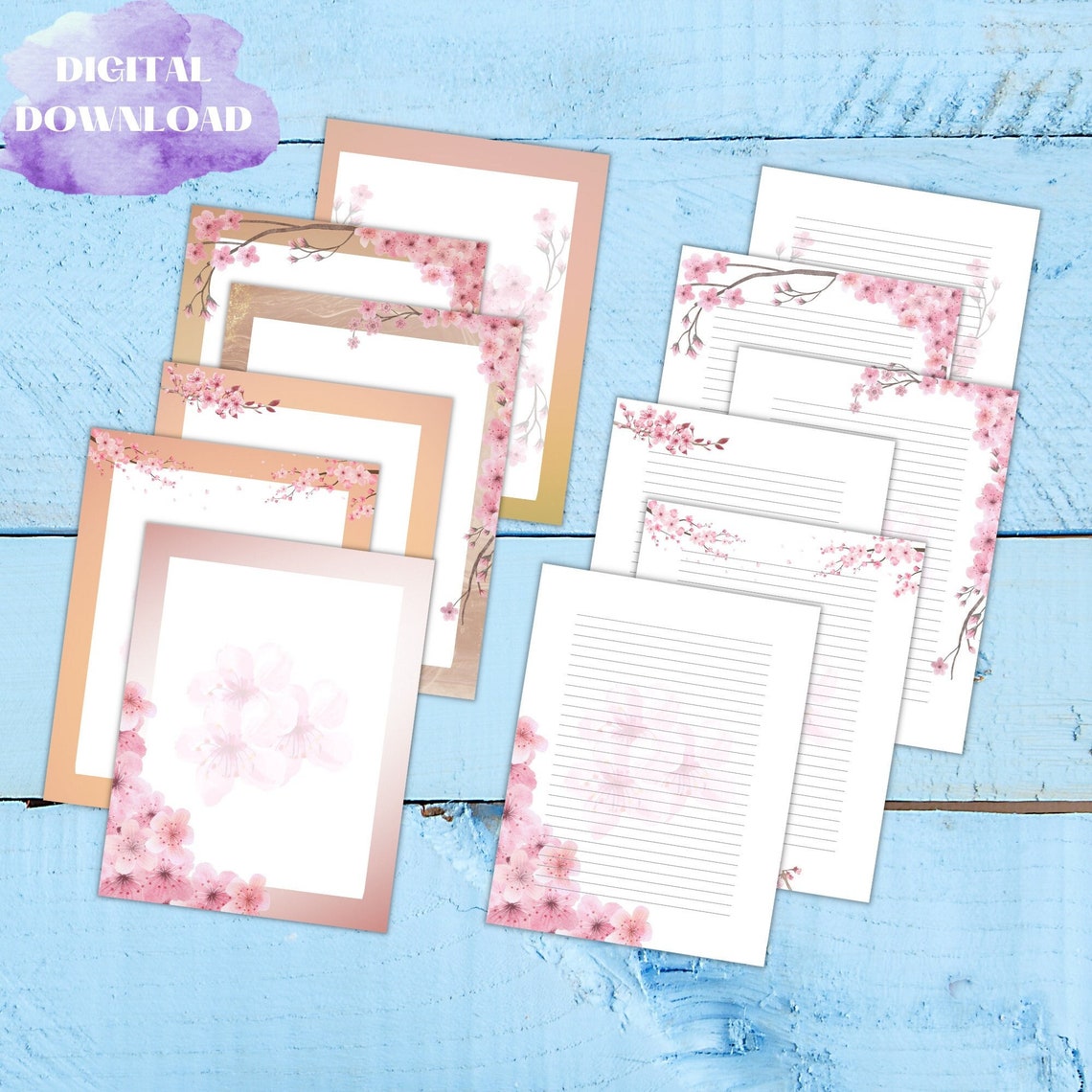 Cherry Blossom Stationery Printable, Pack of 12, Stationery Digital ...