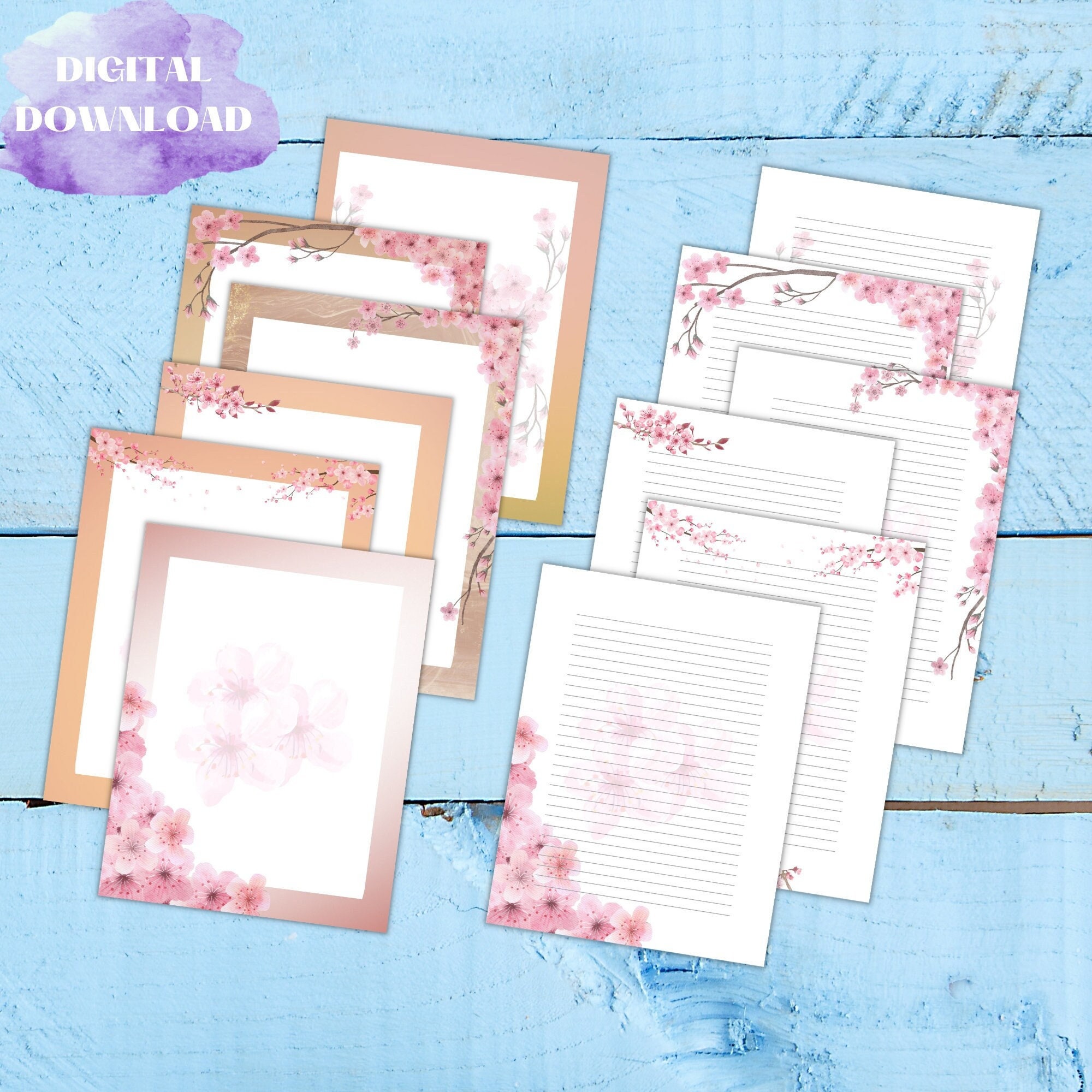 Cherry Blossom Stationery Printable, Pack of 12, Stationery Digital ...