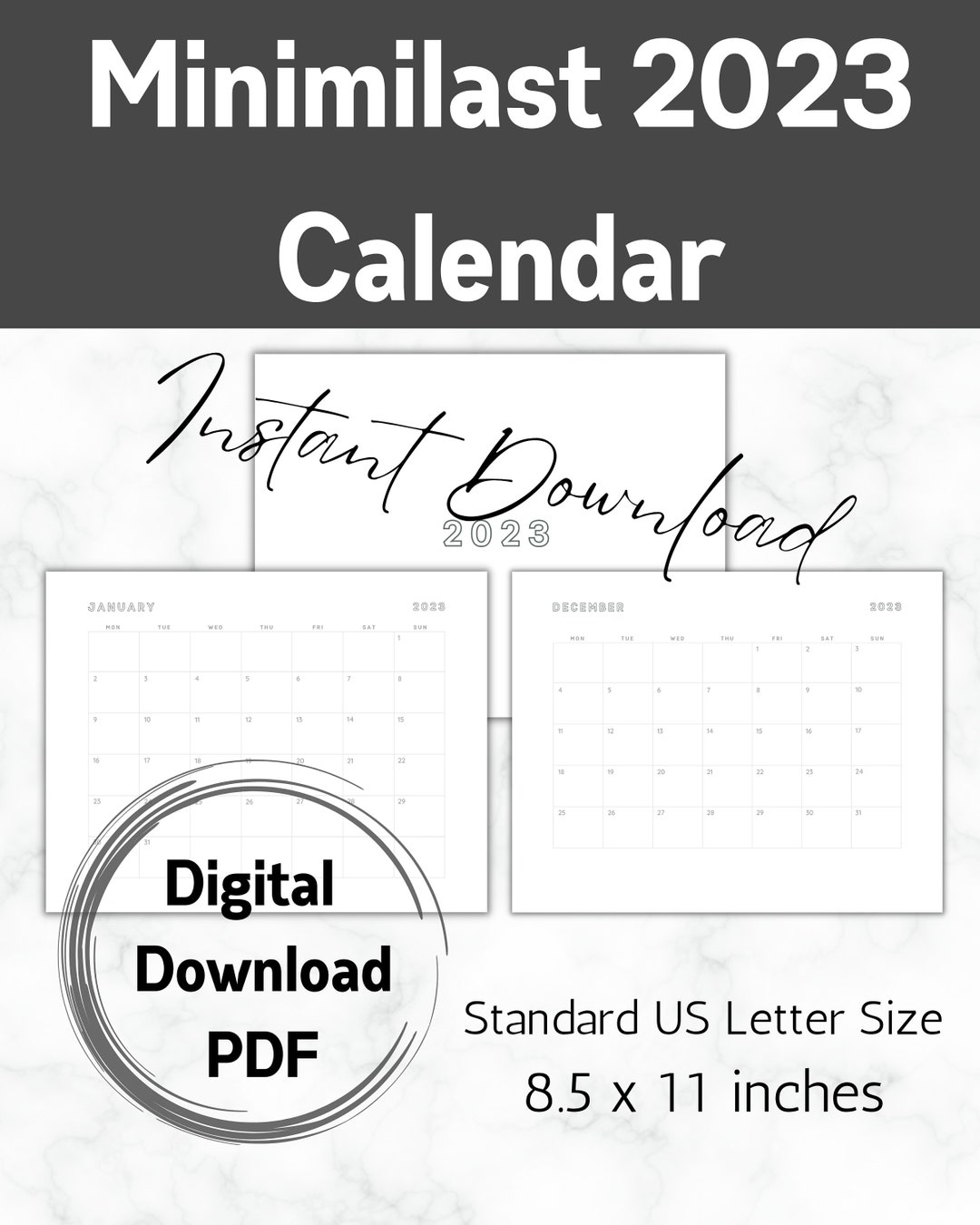 Simple Clean 2023 Digital Download PDF Calendar Monday Start - Etsy