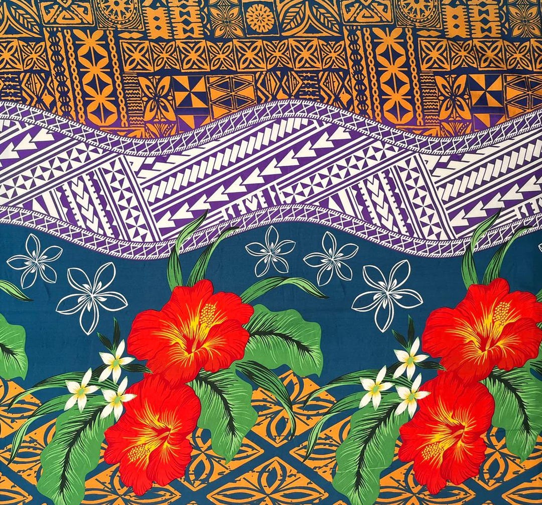 Tapa, Tribal Tattoo Hibiscus Plumeria Peachskin Fabric | Islands Fabric ...