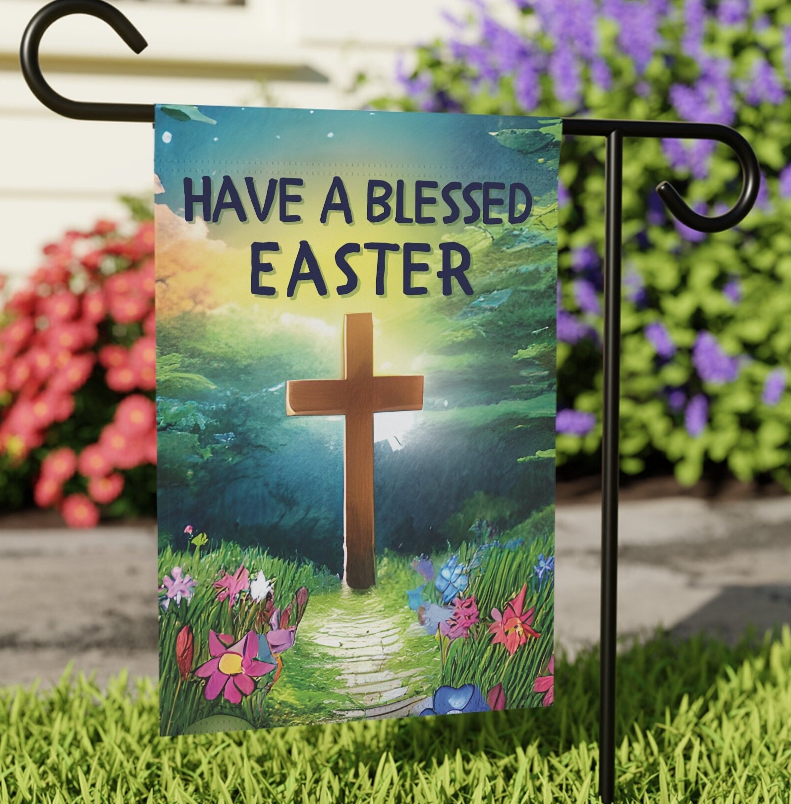 Blessed Easter Cross Double-sided 12x18 Hanging Garden Flag, Easter ...