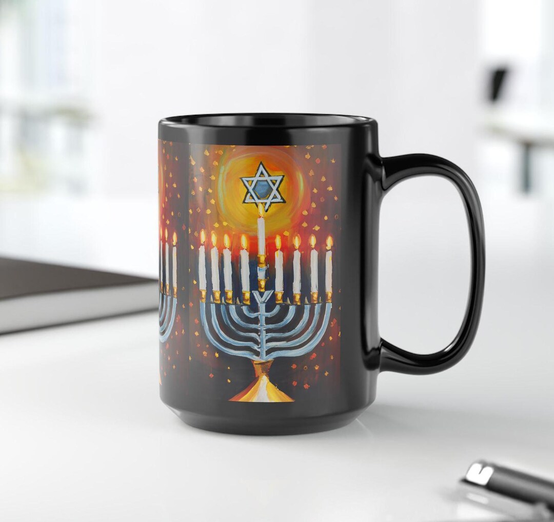 Menorah Star of David Jewish Faith Black Ceramic Mug, 15oz Colorful ...