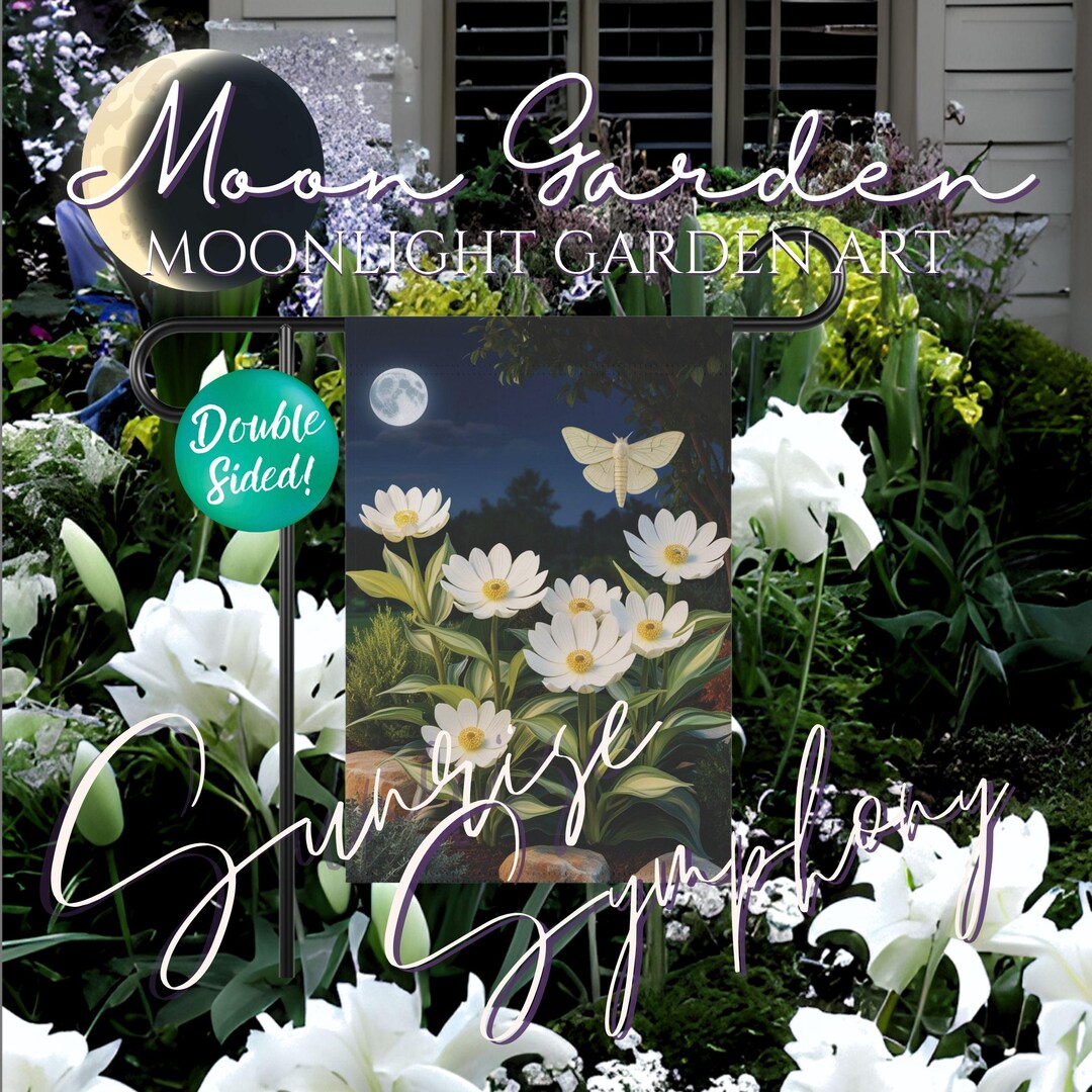 Moon Garden Art, Moonlight Night White Flowers 12"x18" Double-sided ...