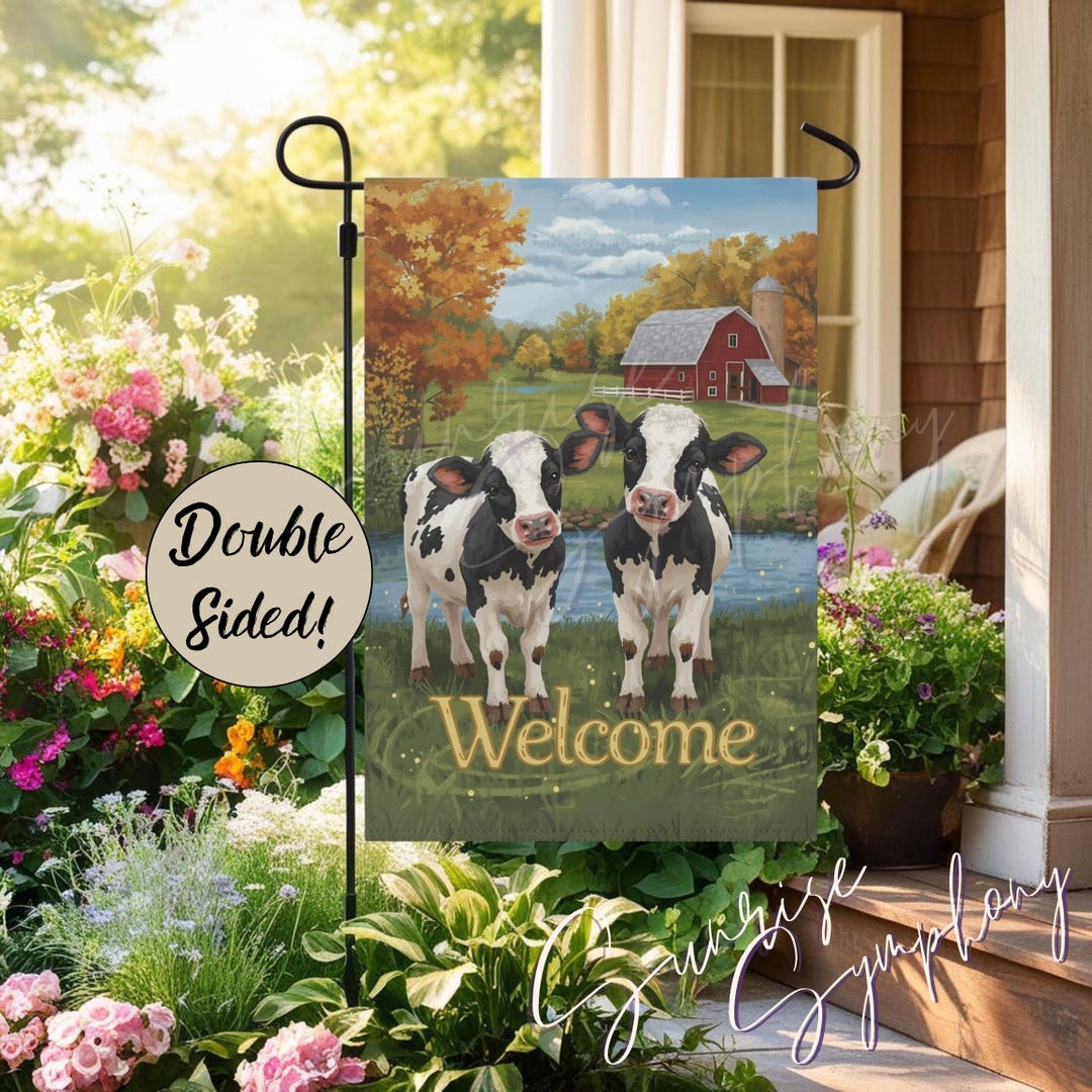Country Cows Welcome Yard Art Flag, Colorful Autumn Rural Barn Double ...