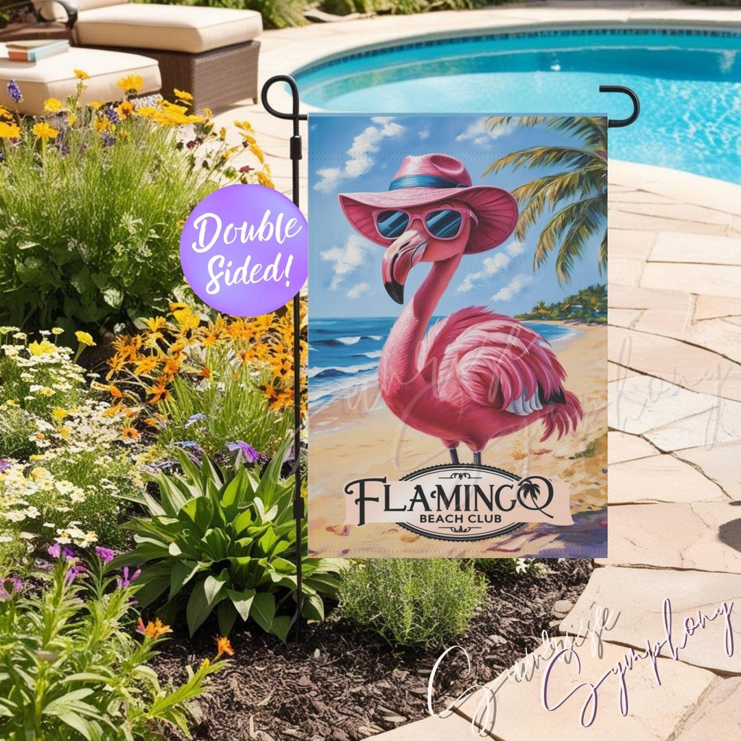 Flamingo Beach Club Double-sided 12"x18" Hanging Pink Flamingo Garden ...