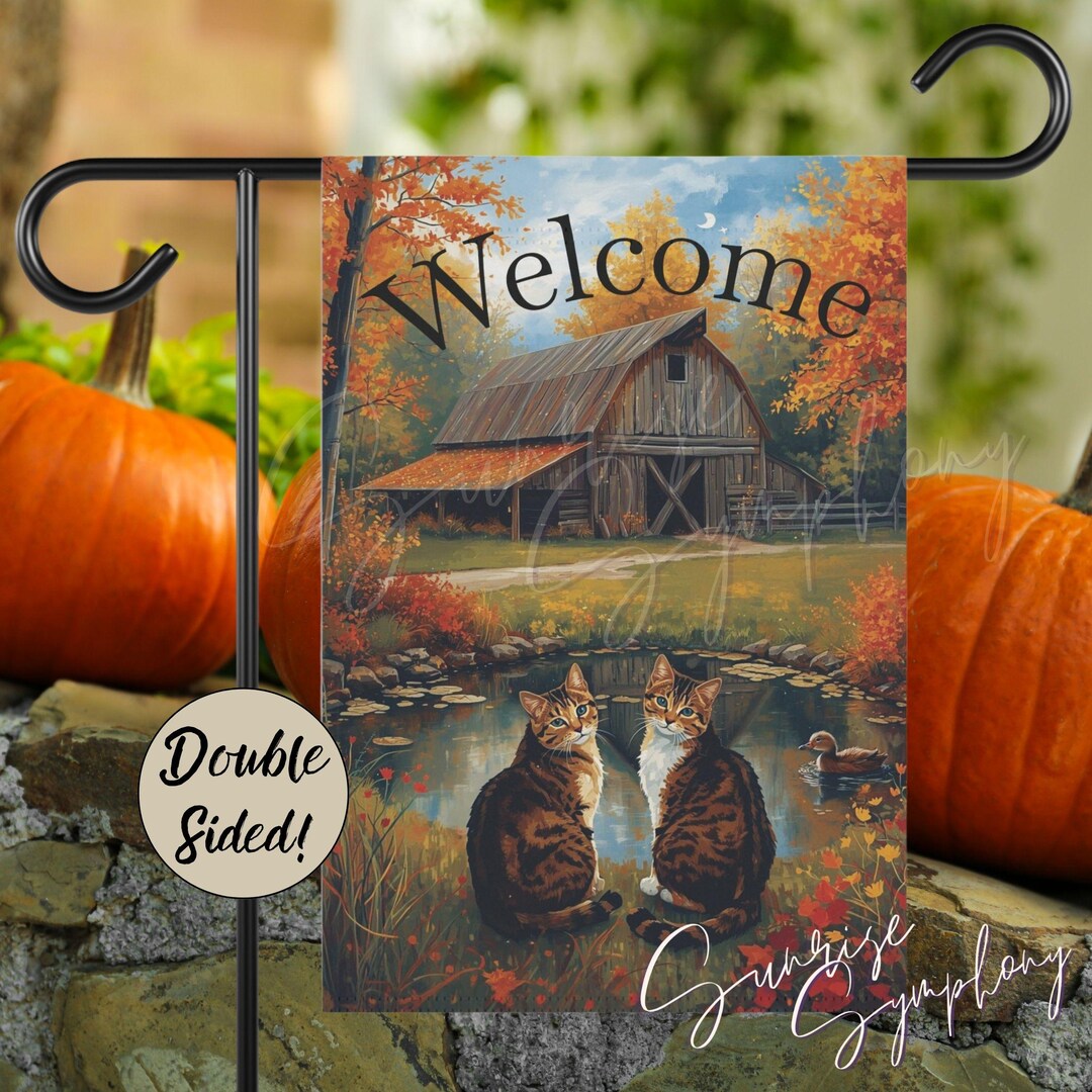 Country Cats Fall Farmhouse Welcome Flag, Colorful Autumn Barn Double ...
