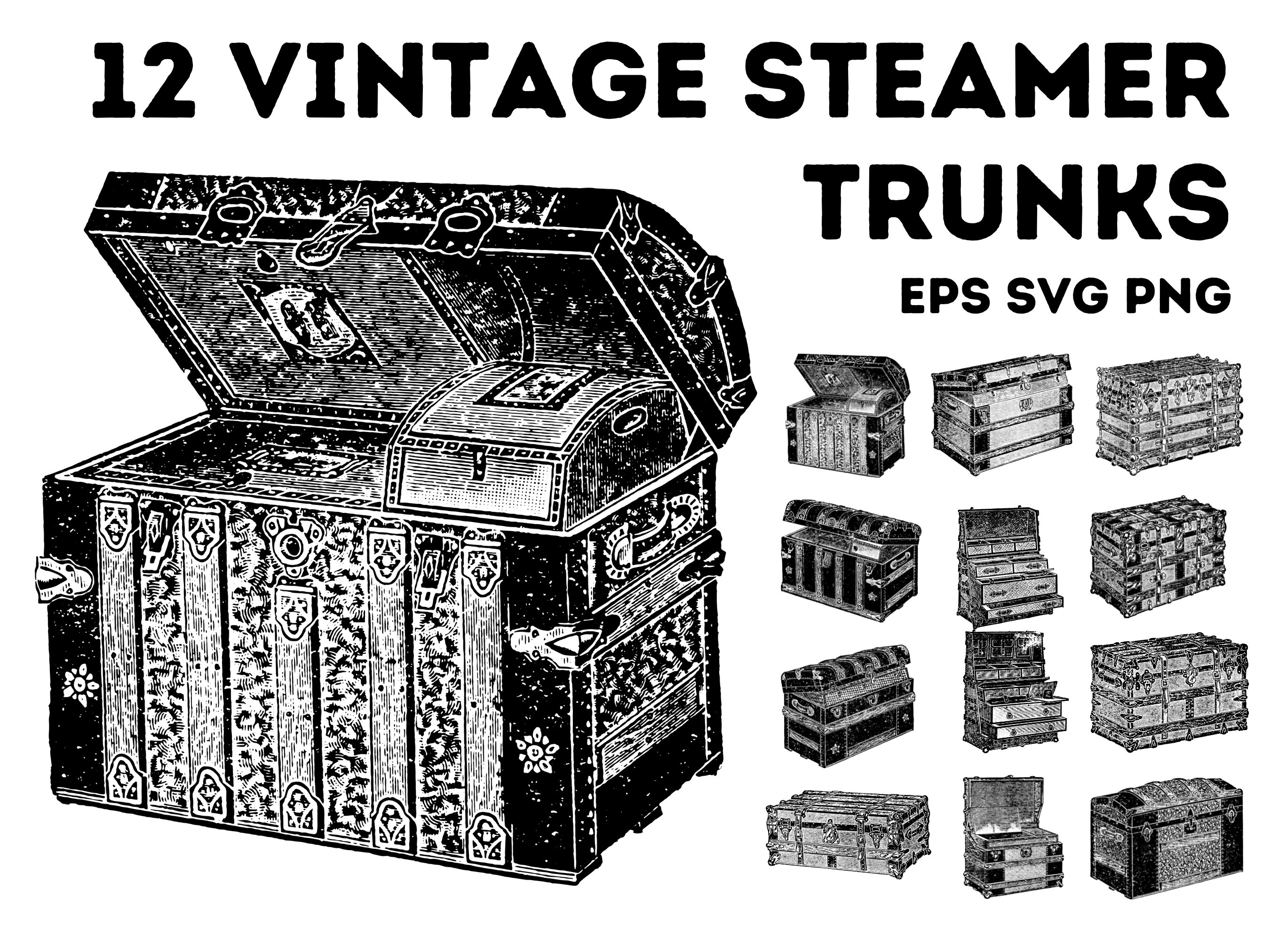 12 Vintage Steamer Trunks SVG / Chest EPS / Luggage PNG / Antique ...