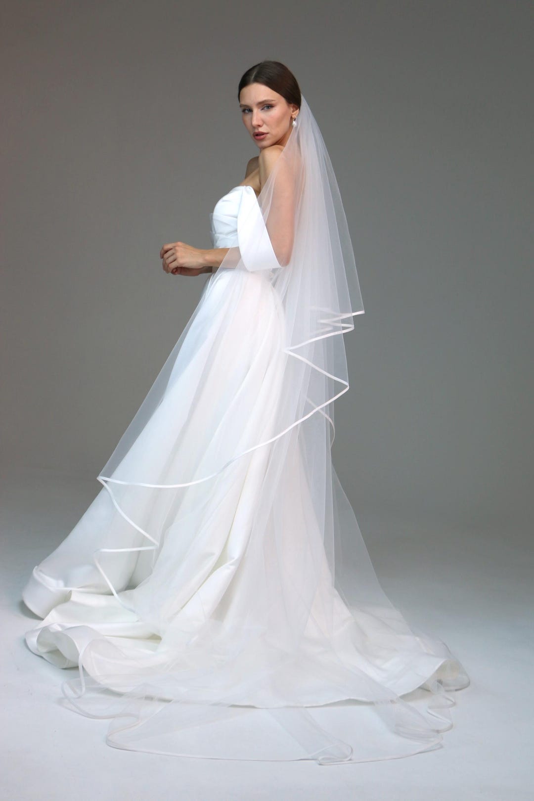 Two Tier Wedding Veil With Satin Ribbon Trim | Italian Tulle - Etsy