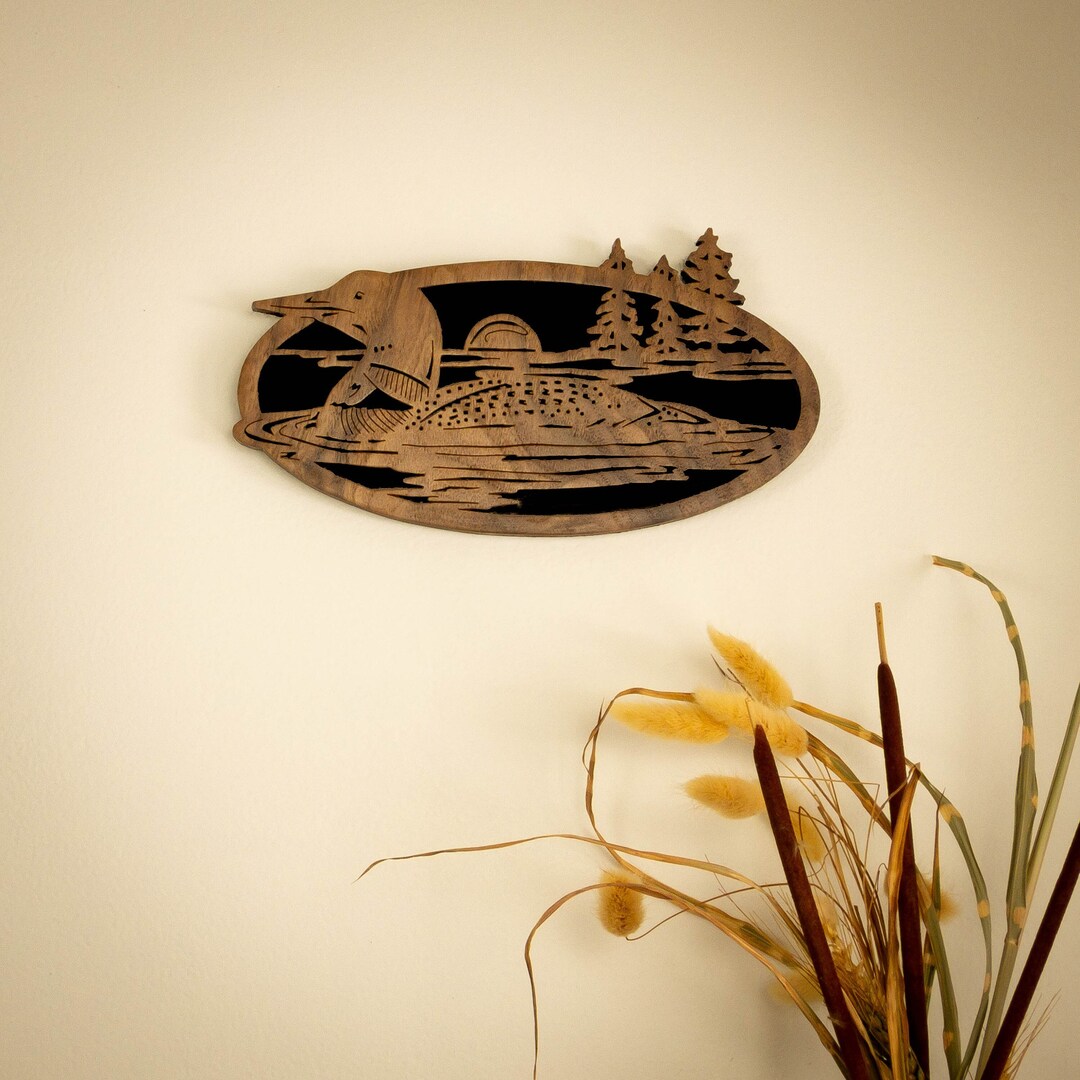Loon Scroll Saw Cut Handmade Wall Art - Walnut Wood Fretwork and Lake ...