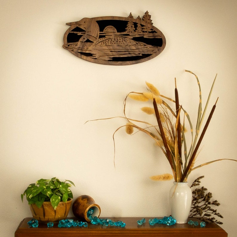 Loon Scroll Saw Cut Handmade Wall Art - Walnut Wood Fretwork and Lake ...