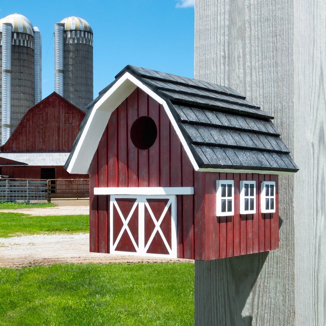 Rustic Red Barn Wood Birdhouse With Shingled Hip-roof - Handmade ...