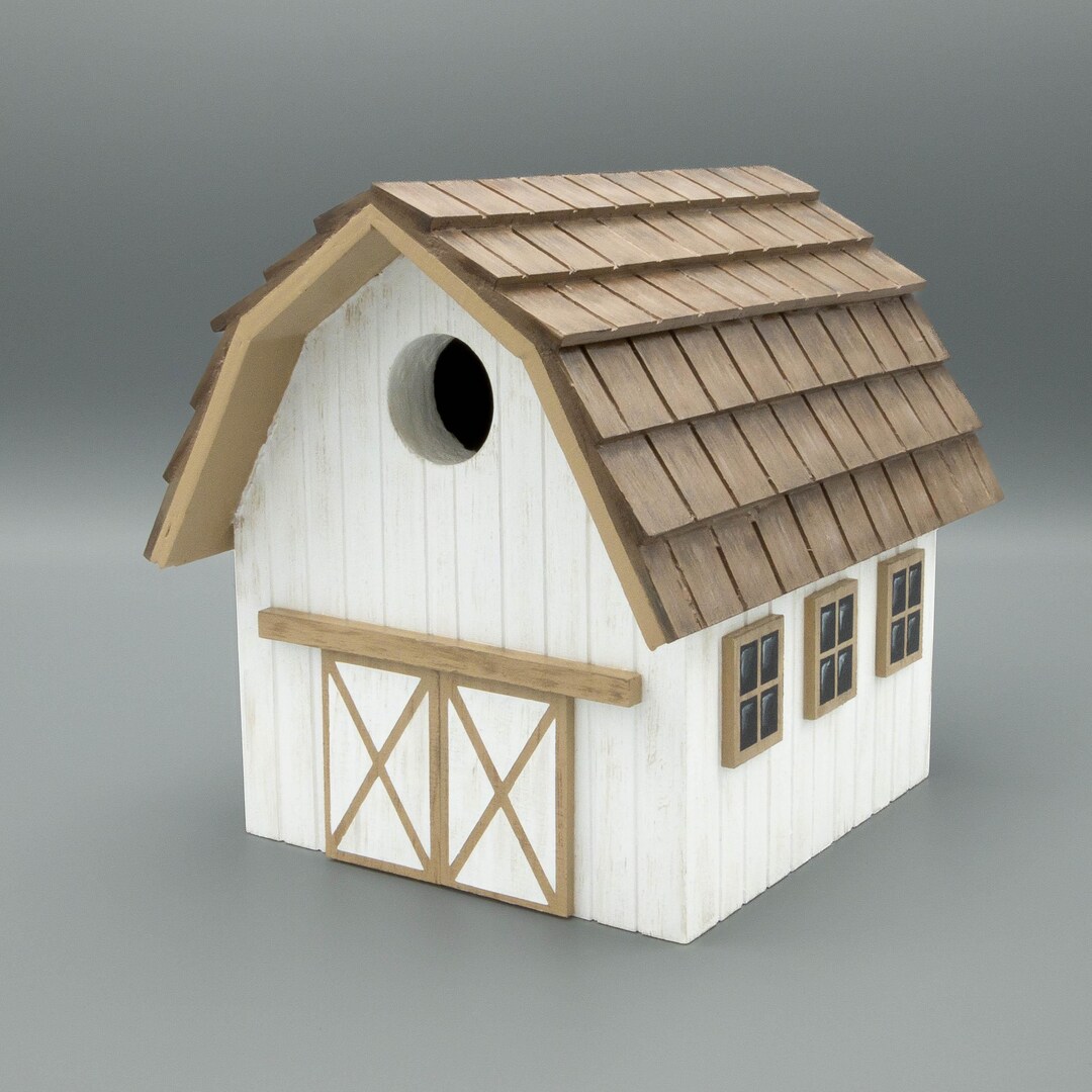 NEW! Rustic White Wood Barn Birdhouse, Brown Wood Shingle Hip Roof Barn ...