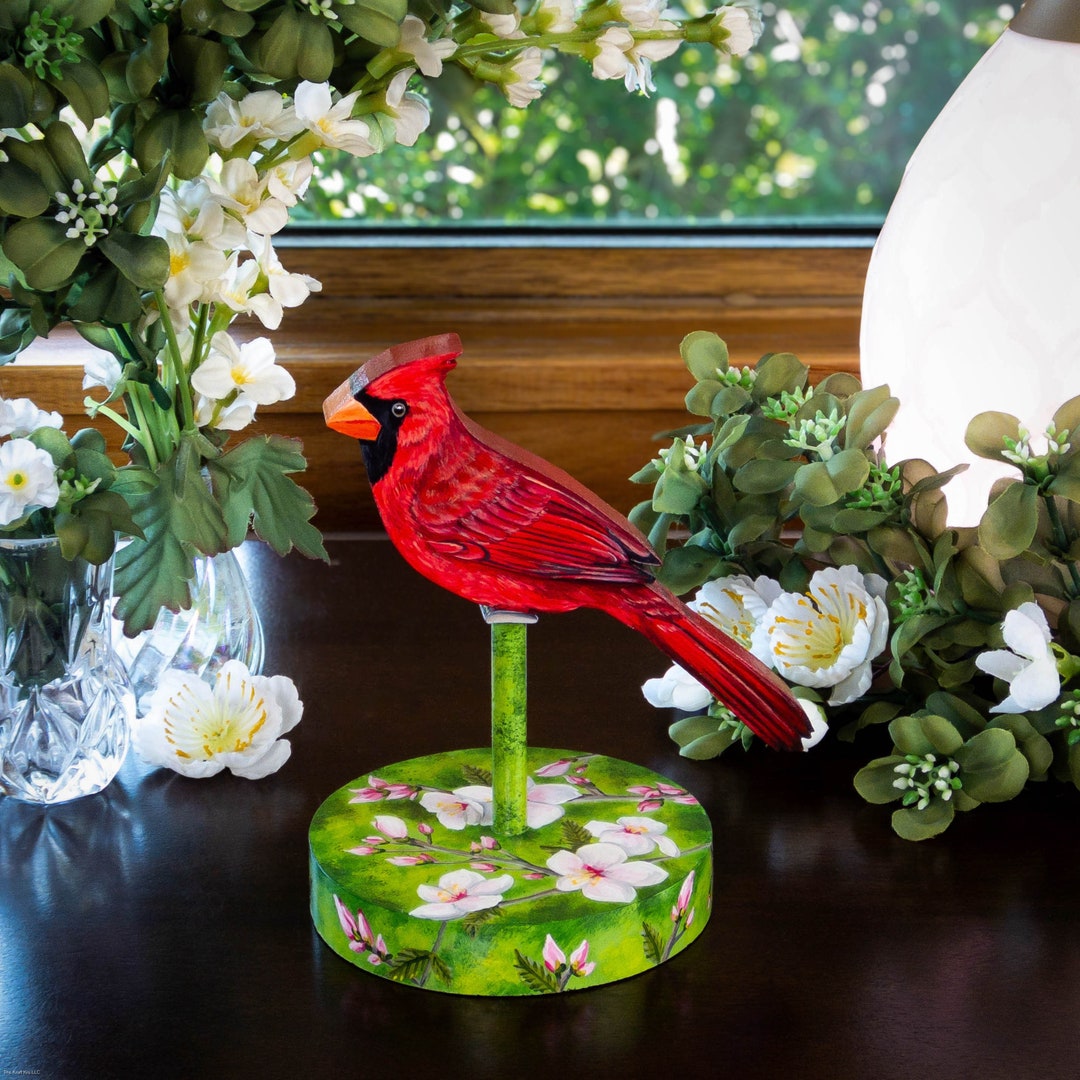Cardinal Bird Wood Home Decor, Red Songbird, Apple Tree Foliage Leaves ...