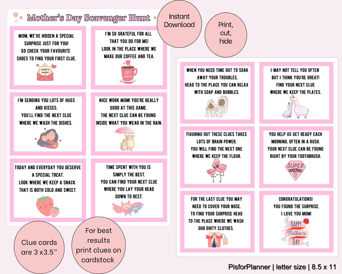 Mother’s Day Scavenger Hunt Clues, Indoor Treasure Hunt for Mom, Gift ...