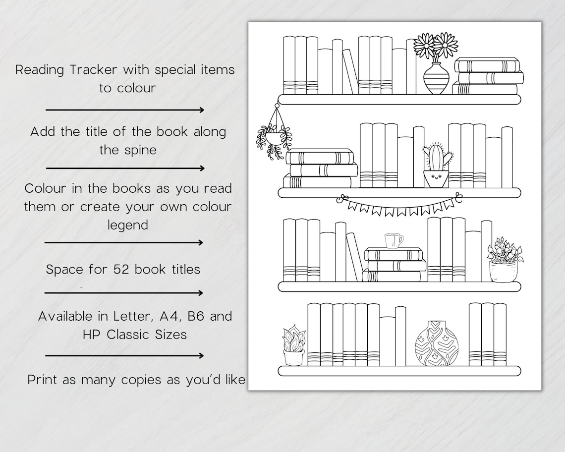 Bookshelf Reading Tracker Printable, Reading Challenge Bookshelf 52 ...