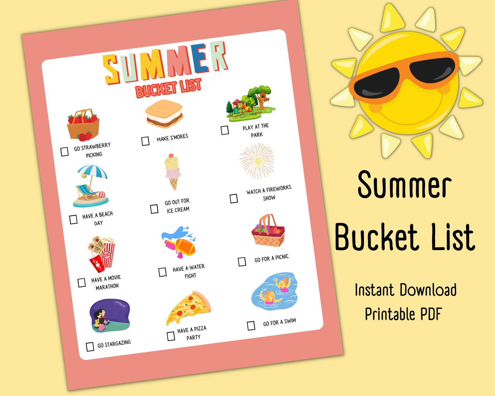 Summer Bucket List Printable, Fun Summer Checklist, Summer Bucket List ...