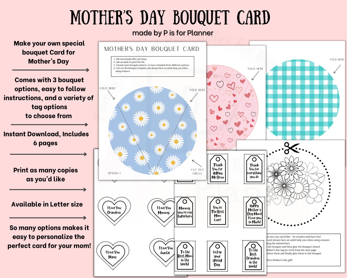Mothers Day Bouquet Card, Printable Coloring Card, Paper Craft Activity ...