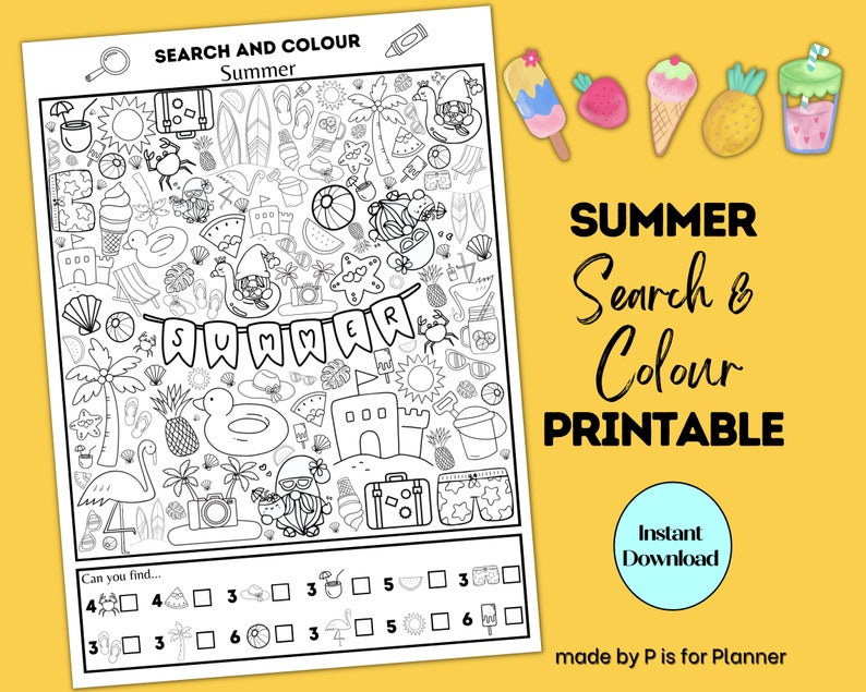 Summer Search and Color Printable, Beach Day Coloring Page, I Spy ...