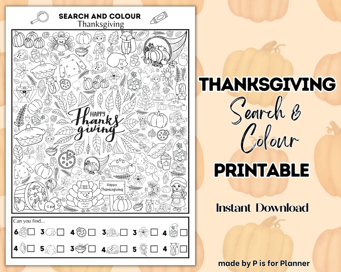 Thanksgiving Search and Colour Printable, Fall Colouring Page, I Spy ...