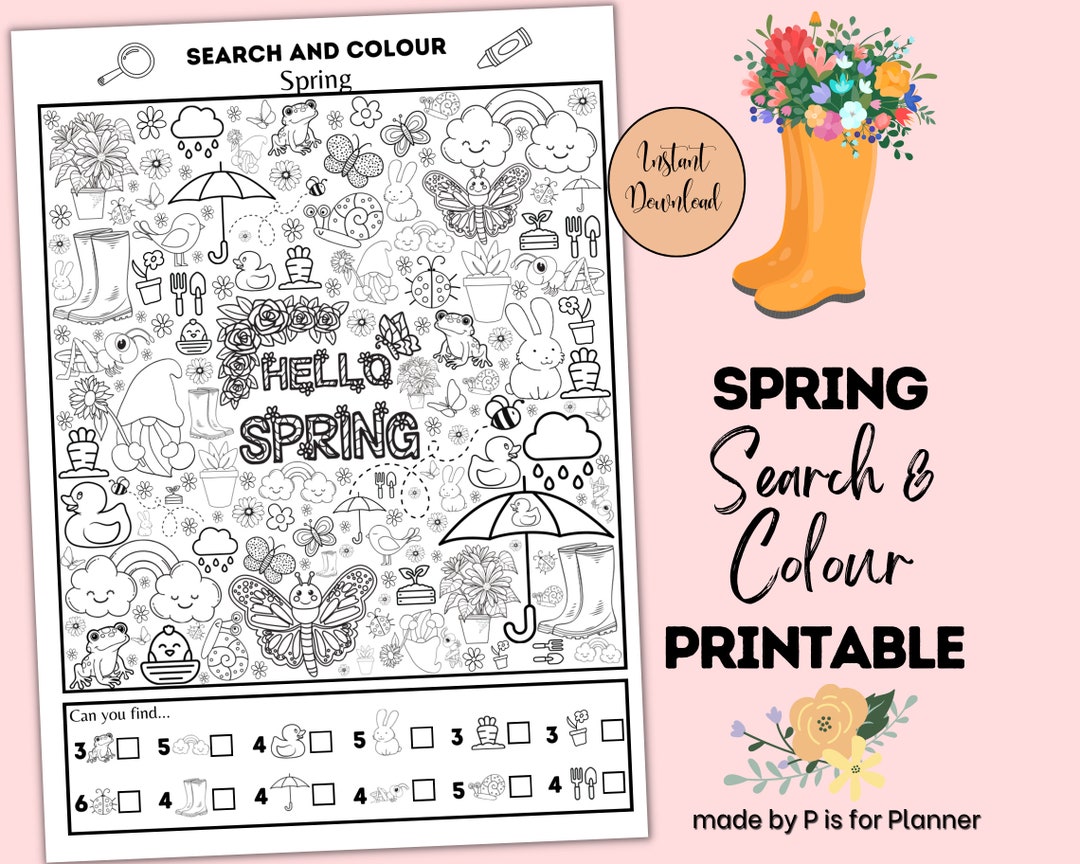 Spring Search and Colour Printable, Colouring Page Activity, I Spy Game ...