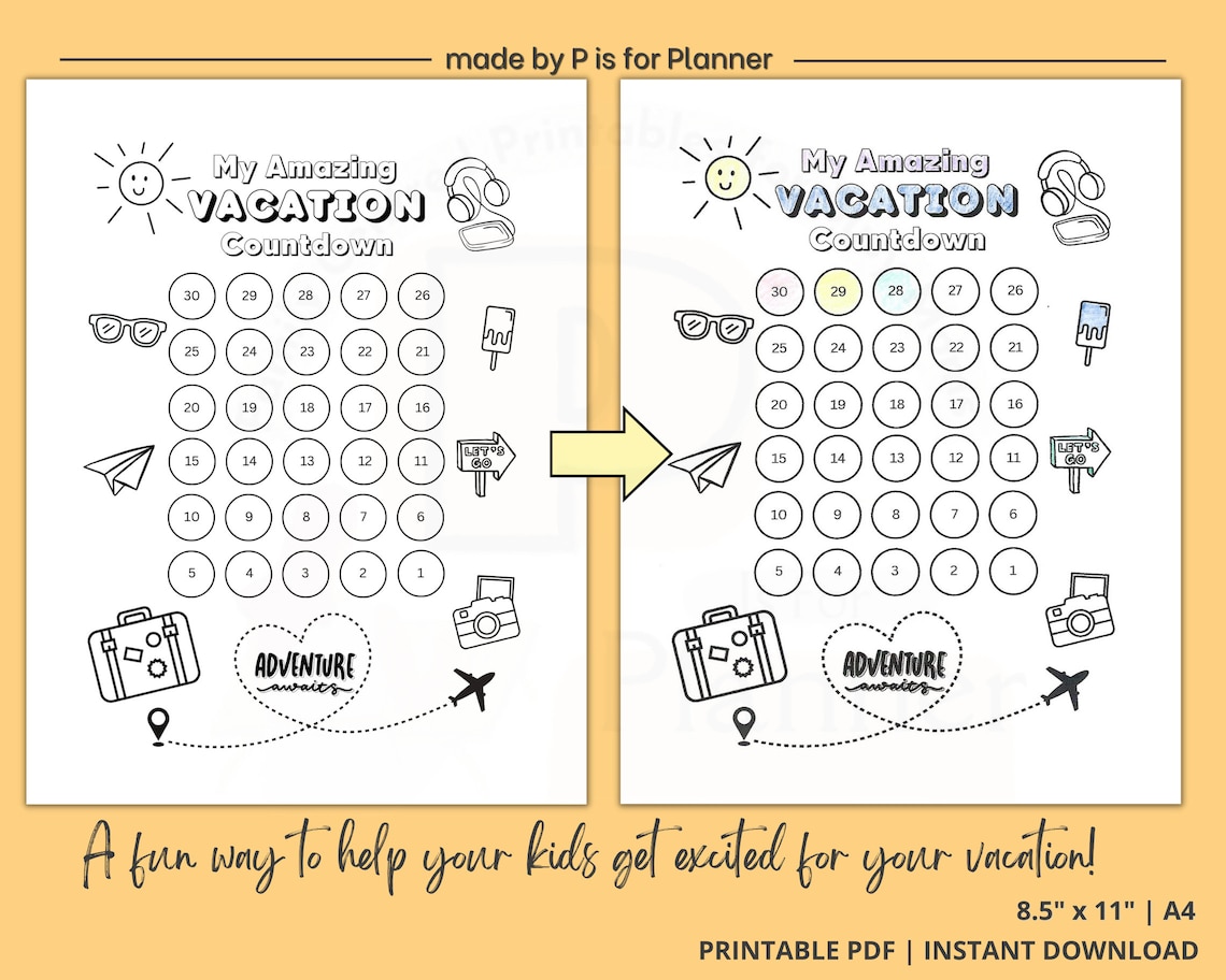 Kids Vacation Countdown Calendar, Printable Vacation Countdown Tracker ...