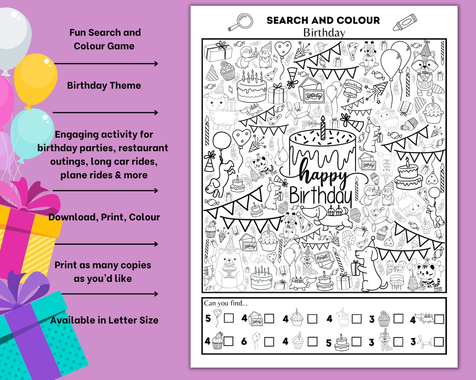 Birthday Search and Colour Printable, Birthday Party Coloring Page, I ...